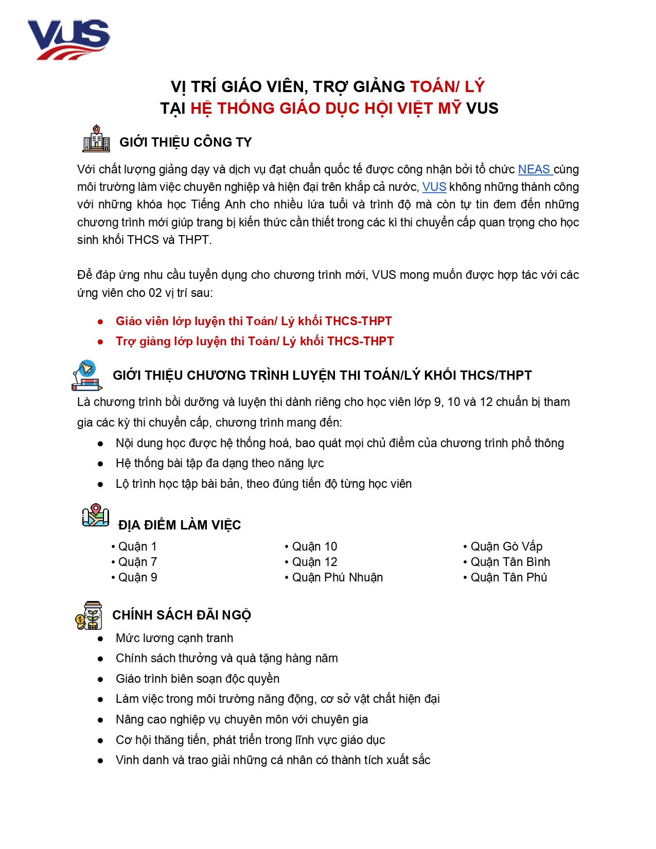 Thông tin về vị trí giáo viên, trợ giảng chương trình Luyện thi Toán/Lý tại Hội Việt Mỹ VUS ...